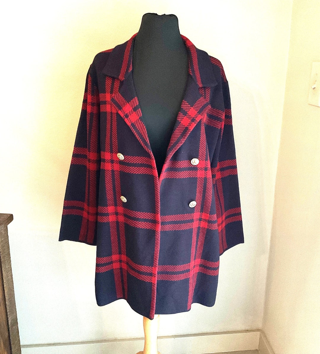 Plaid Open Front Long Sweater Jacket Anne Klein Large / Anne Klein ...