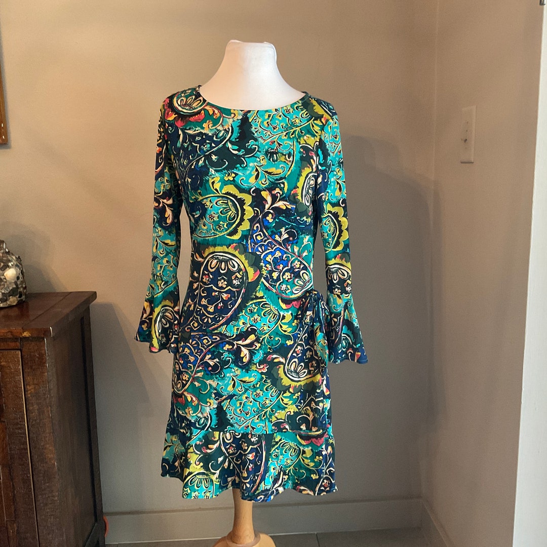 Paisley Floral Wrap Drape Dress Flared Cuffs & Hem / Turquoise Blues ...