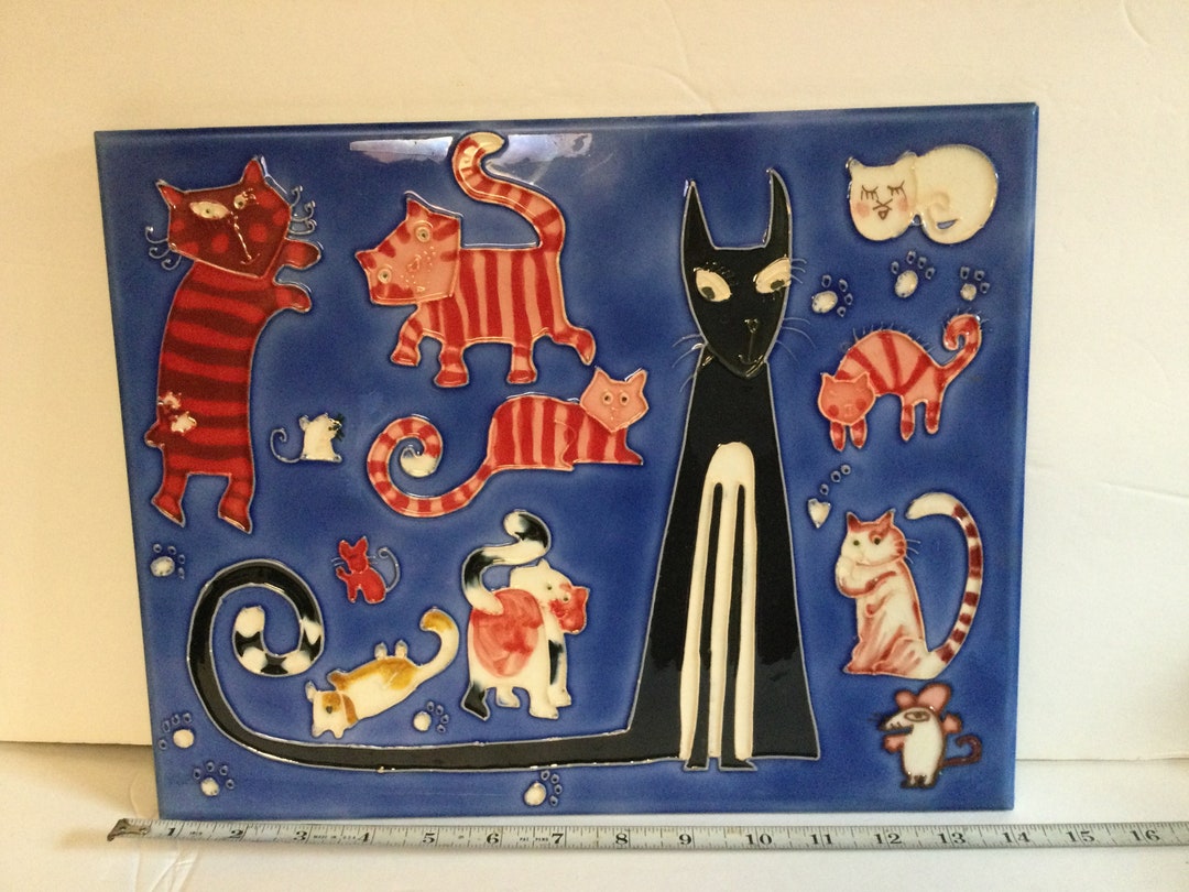 Cat Themed Ceramic Wall Plaque / Cats Covered 14" Hand Glazed Wall Tile ...
