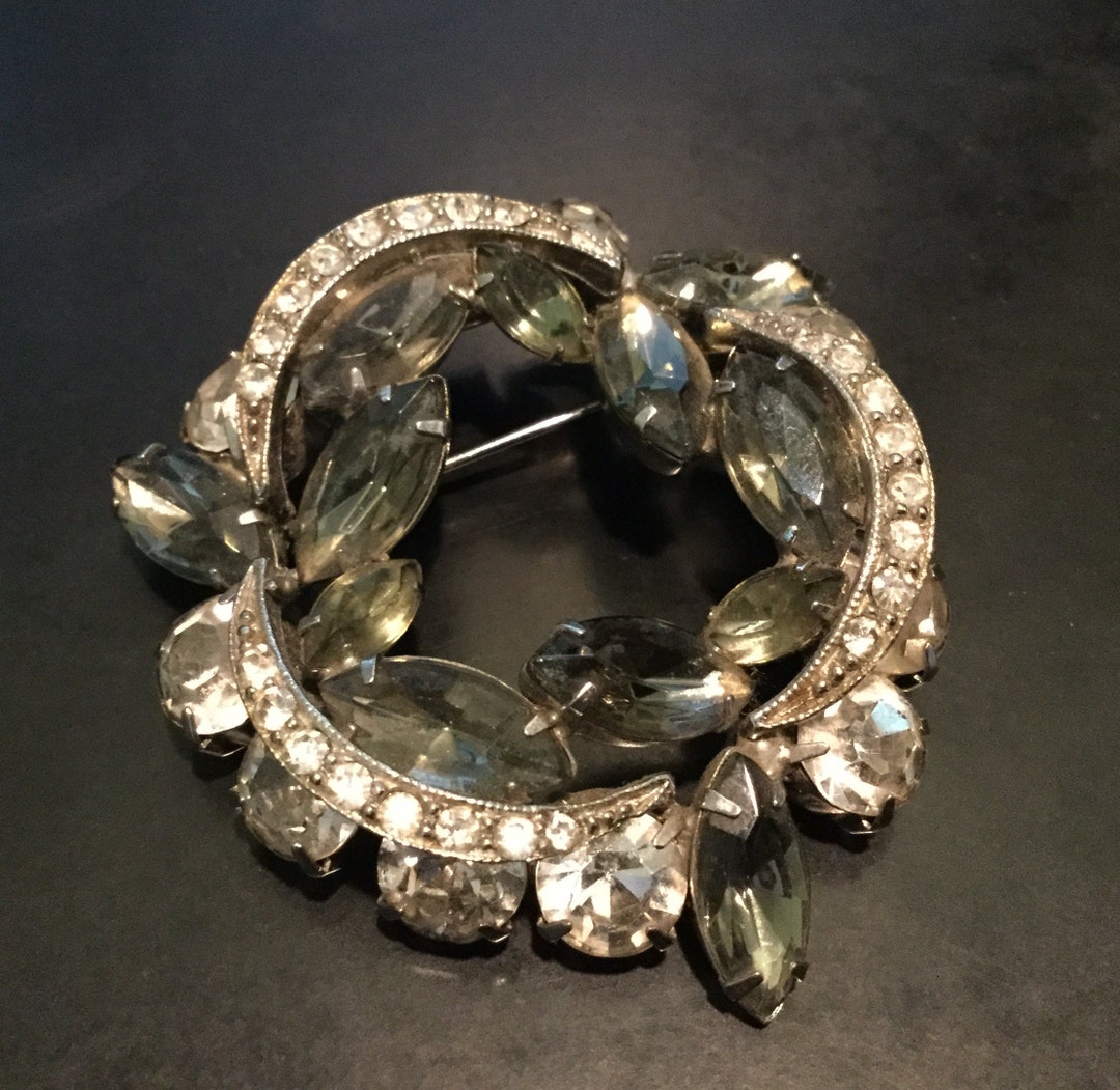 50s Rhinestone Brooch Designer Quality / Smoke W Clear Stone Pin / Lg ...