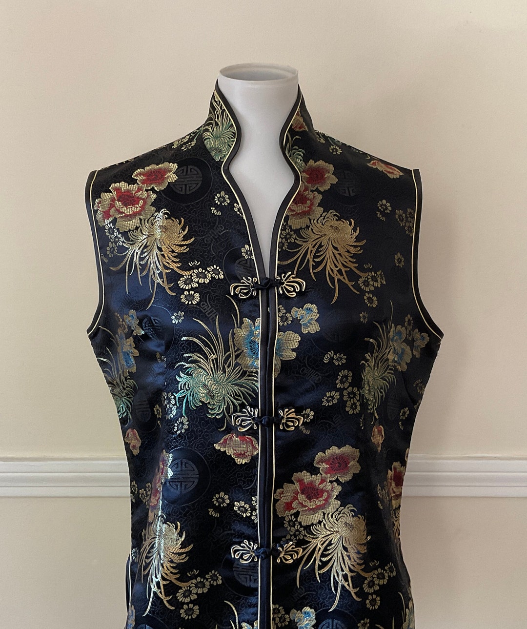 Asian Brocade Sleeveless Cheongsam Top / Black Brocade Blouse Vest ...