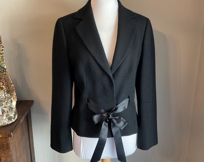 Black Wool Suit Jacket W Satin Sash Belt Tie Ann Taylor 8 / Chanel ...