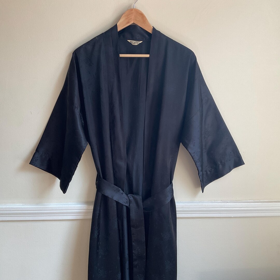 Black Satin Kimono Robe Jacquard Floral Made in Japan Large / Black ...
