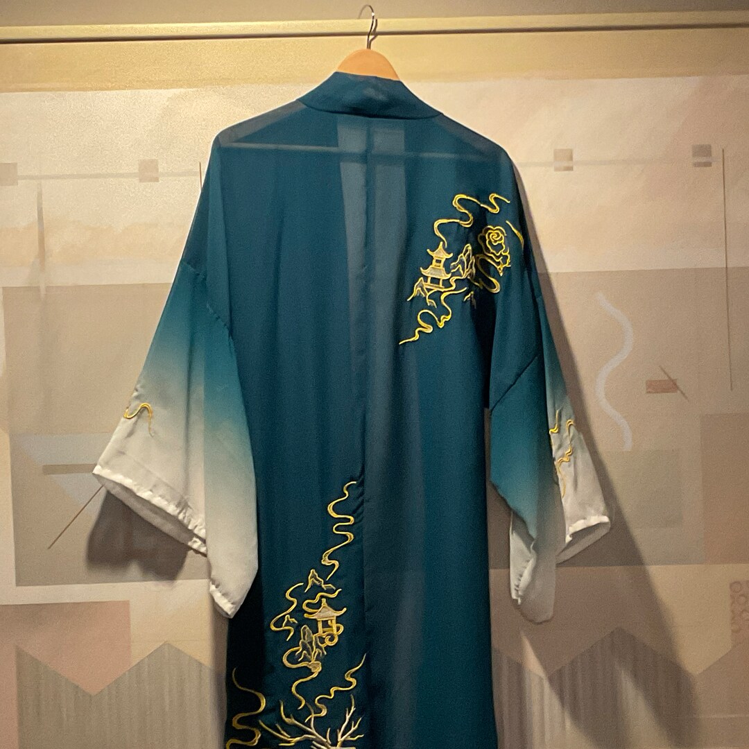 Asian Gold Embroidered Robe Teal Blue Sheer Robe / Blue Sheer Asian ...