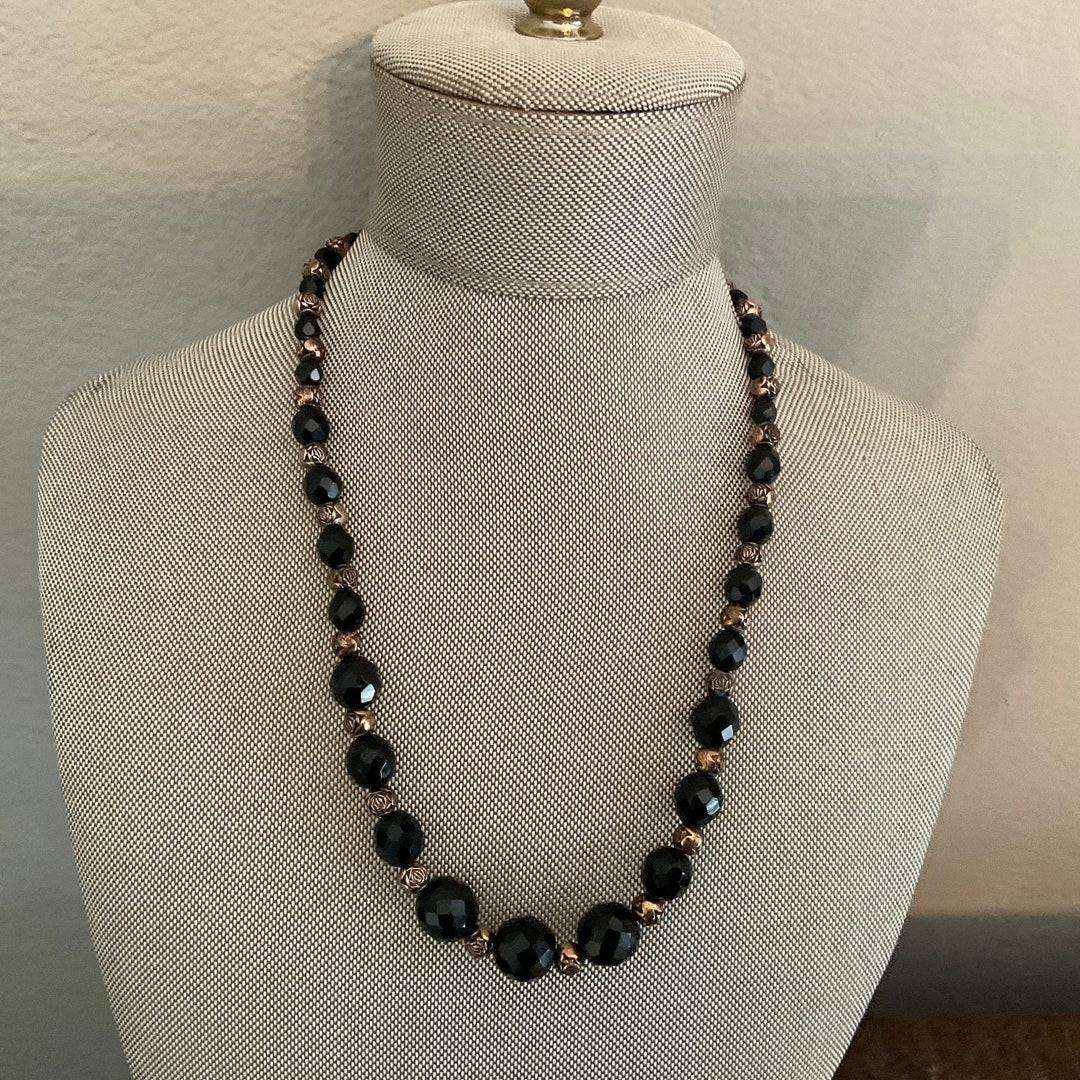 Vintage Black Bead Necklace With Gold Flower Spacers / Graduated Black ...