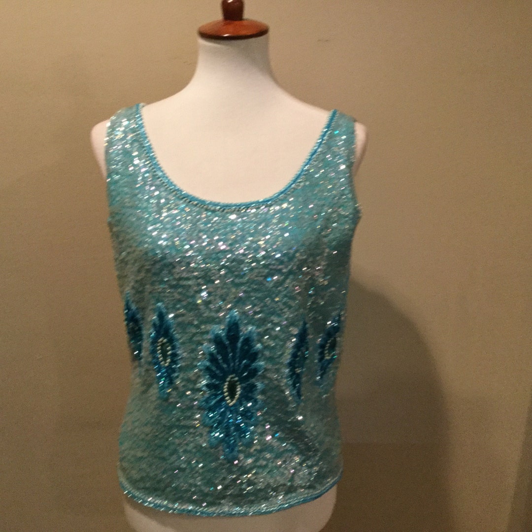 Glitzy 60s Beaded Sequin Shell Tank Med / Glam Sequin Pearl Glass Bead ...