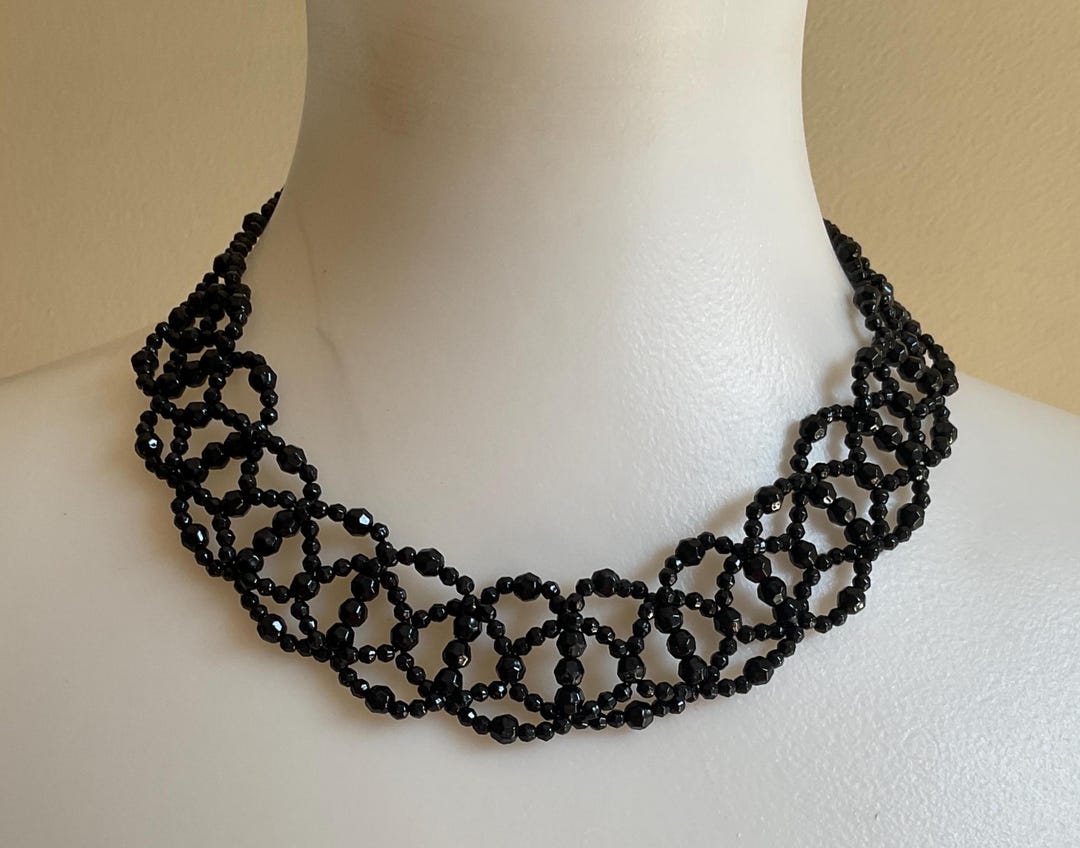 Black Bead Choker 70s Restyle / Black Faceted Bead Choker Woven Beaded ...