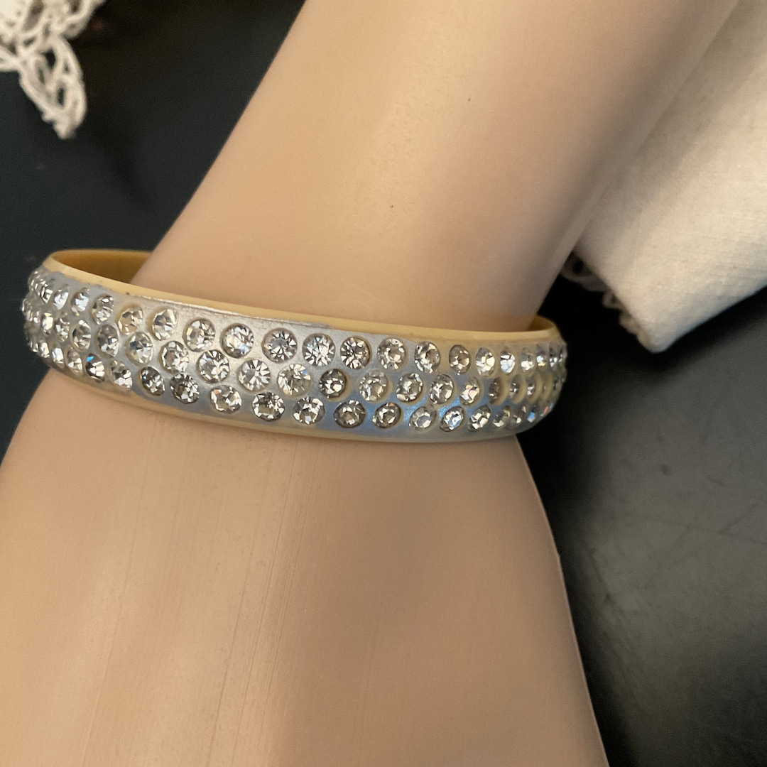 Art Deco Celluloid Rhinestone Bangle / 3 Rhinestone Row Celluloid ...