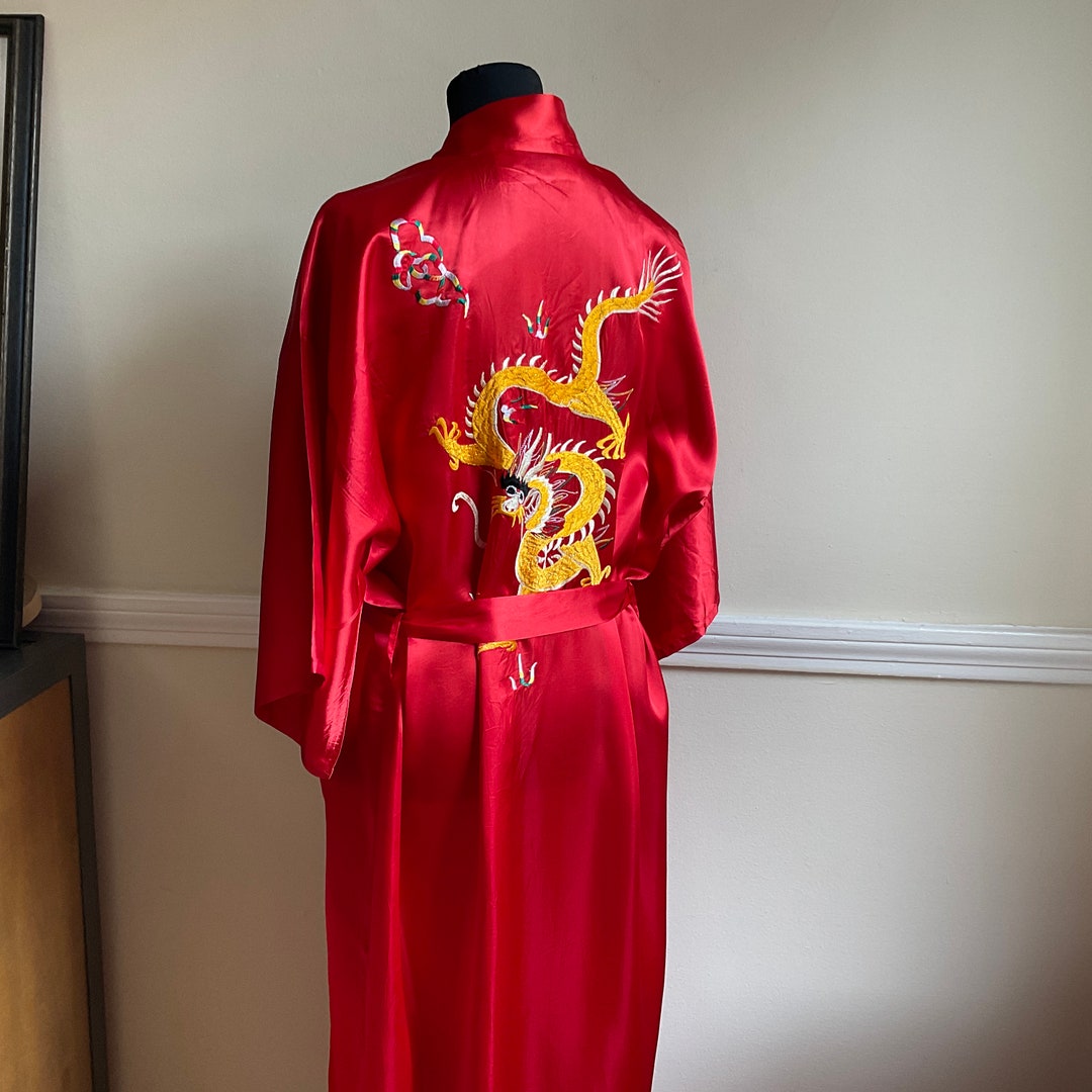 Asian Red Satin Gold Dragon Embroidered Robe L / Embroidered Gold ...