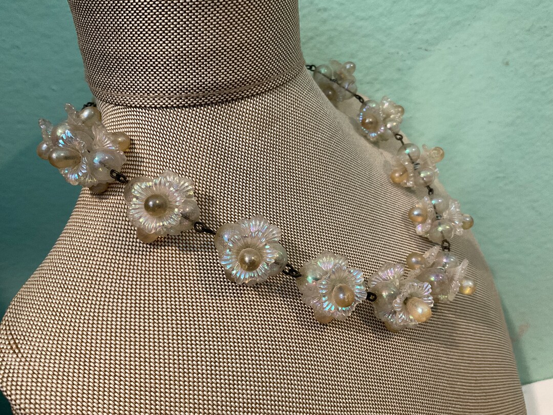 Deco Celluloid Flower Necklace / 30s Iridescent Bubble Plastic Flower ...