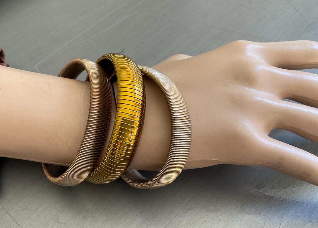 Vintage Coil Stretch Bangles 3 Bangles One Signed / Lot Old Coil Bangle Bracelets One Shiny Gold ...