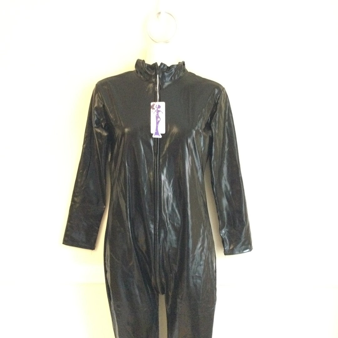 BLACK VINYL JUMPSUIT / Zippered Black Vinyl Jumpsuit / Slinky - Etsy