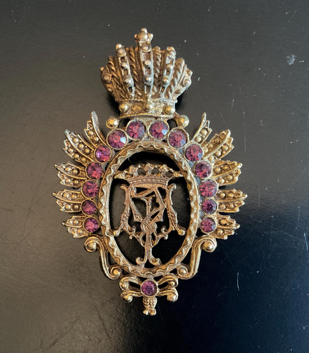 Vintage Crown & Crest Brooch 50s Aurora Borealis Pink Rhinestones 2.75 ...