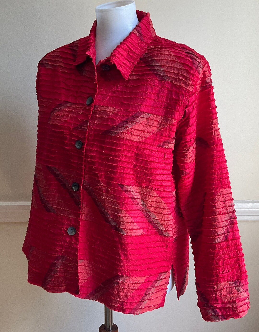 Chicos Red Silk Shirred Tiers Blouse Shirt Jacket / Chicos Size 1 ...