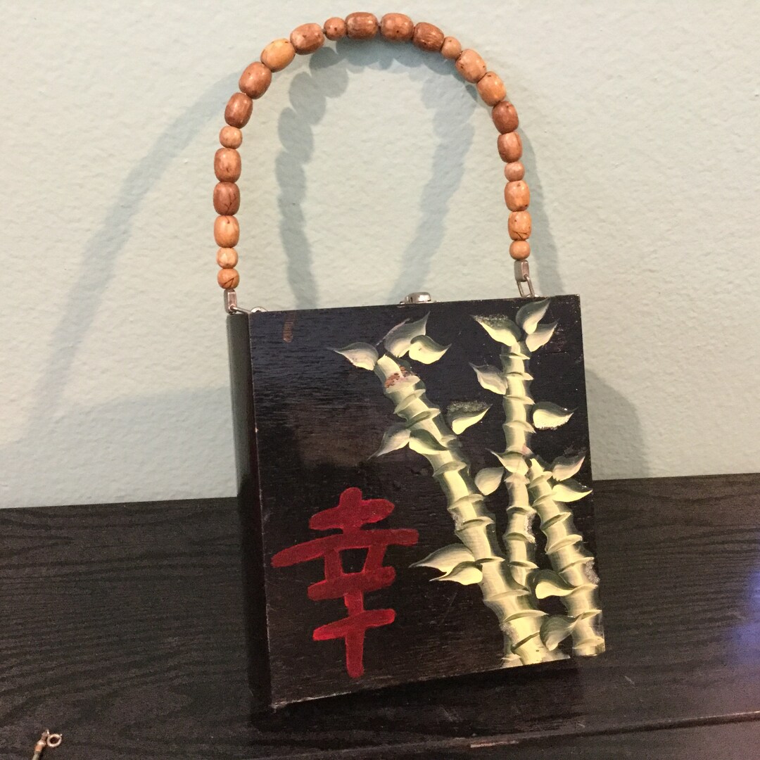 Retro Asian Painted Box Purse W Wood Bead Handle / Asian Bamboo Painted ...