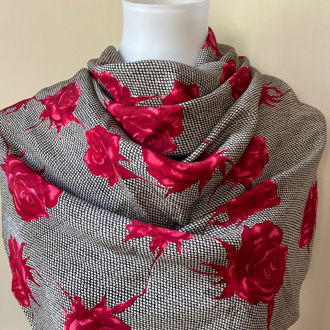 Silk Floral Rose Scarf Evan Picone 43 X 43 / Romantic Print Red Roses ...