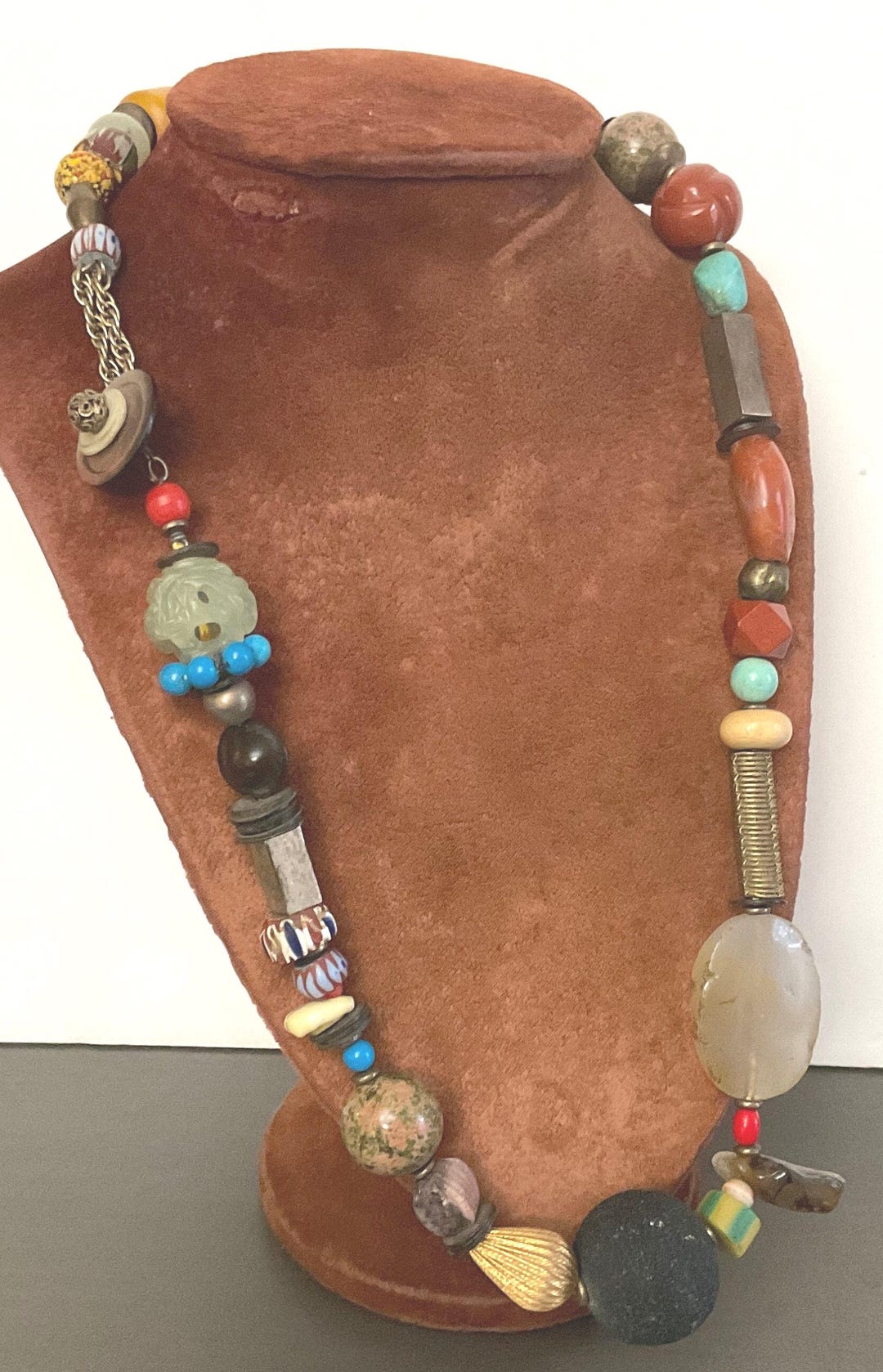 Vintage Statement Necklace Chunky Mix Gem Beads / Agate Quartz Semi Gem ...