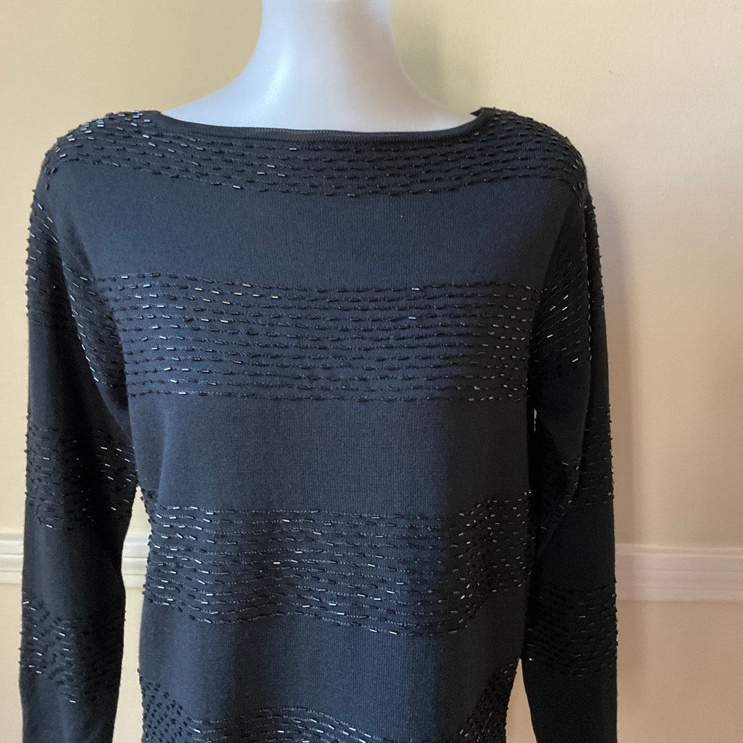 Black Beaded Wool Tunic Sweater / Black Wool Blend Beaded Tunic Sweater ...