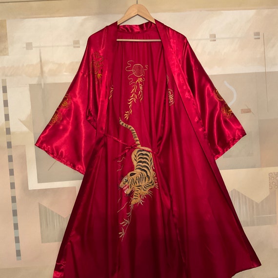 Asian Red Satin Tiger Embroidered Robe / Embroidered … - Gem