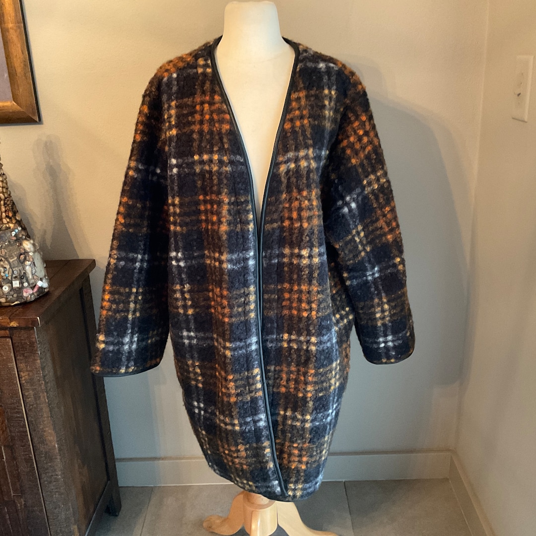 Plaid Nubby Textured Fabric Open Front Jacket Coat / 3X / Black Orange ...