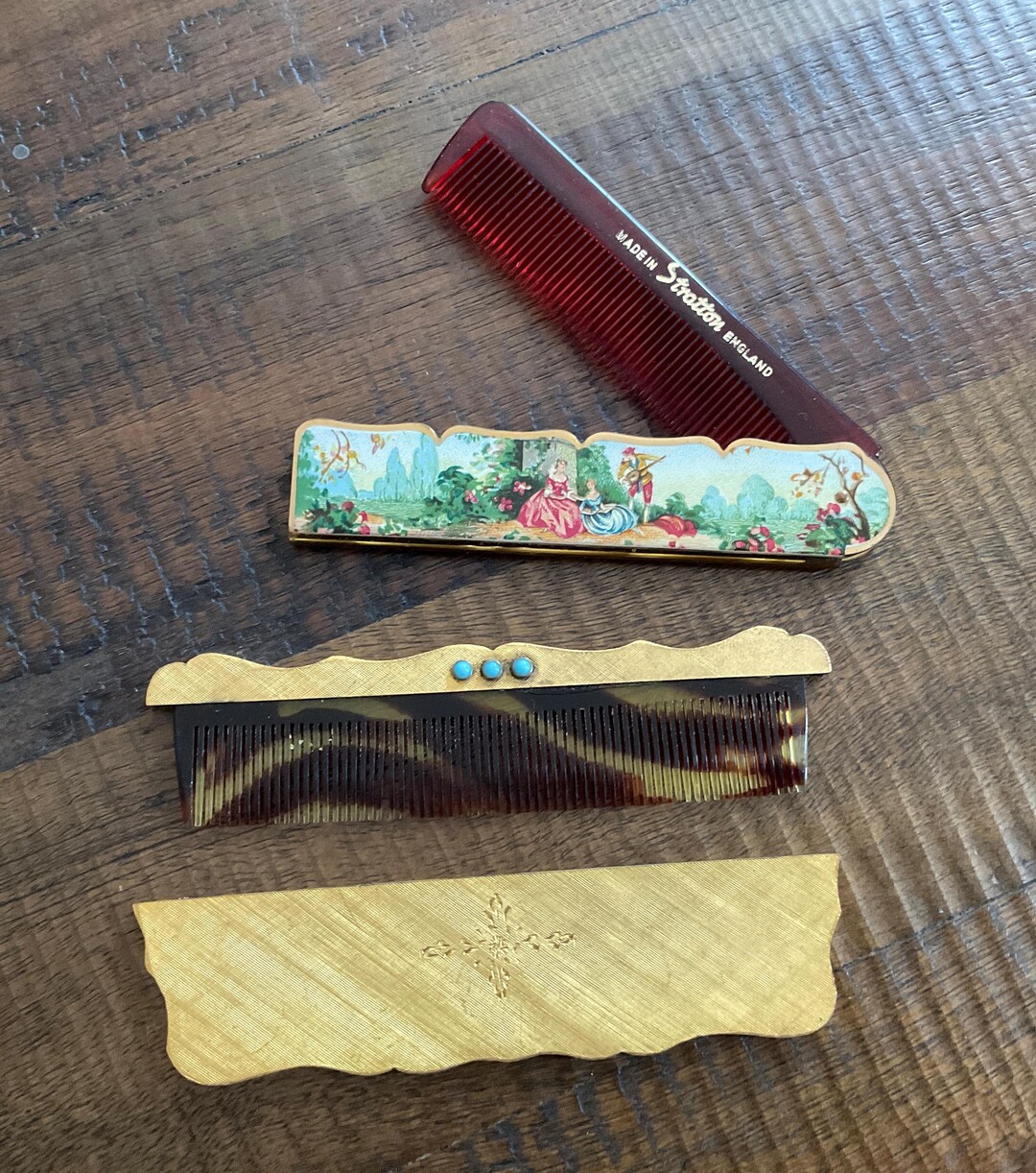 Pair Vintage Stratton Folding Comb Enamel Scene & Turquoise Bead Comb ...