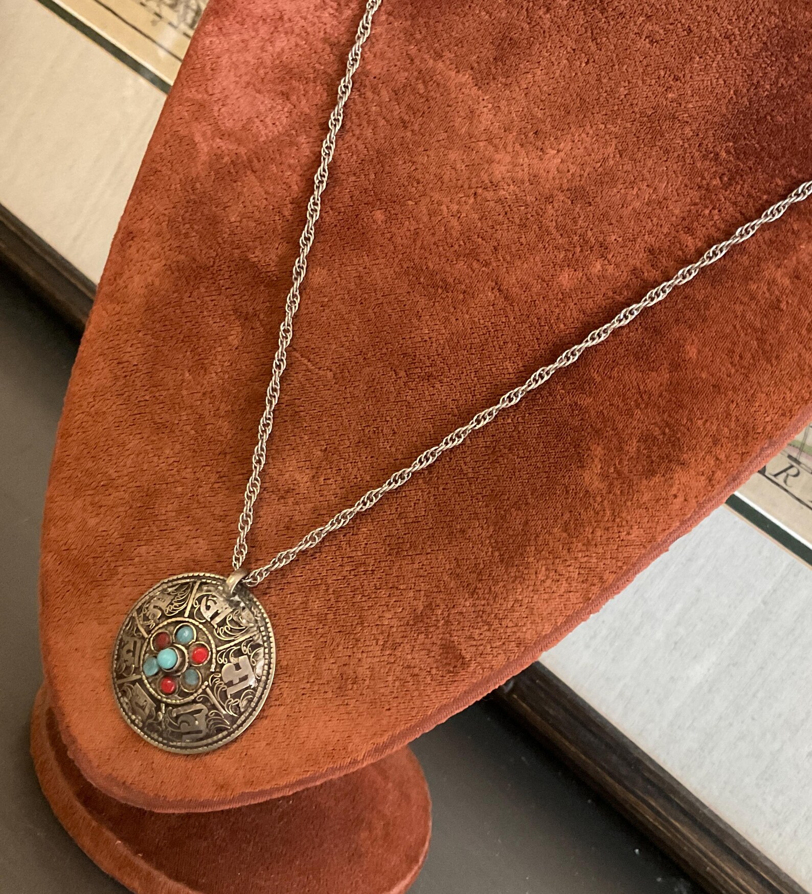 Boho Tibetan Silver Tone Pendant Necklace Turquoise Coral Red Color ...