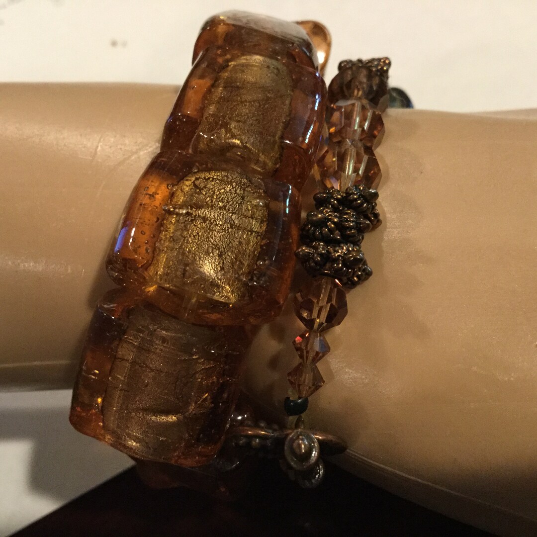 Pair Topaz Art Glass Chunky Bead Bracelets / Gold Copper Topaz Glass ...