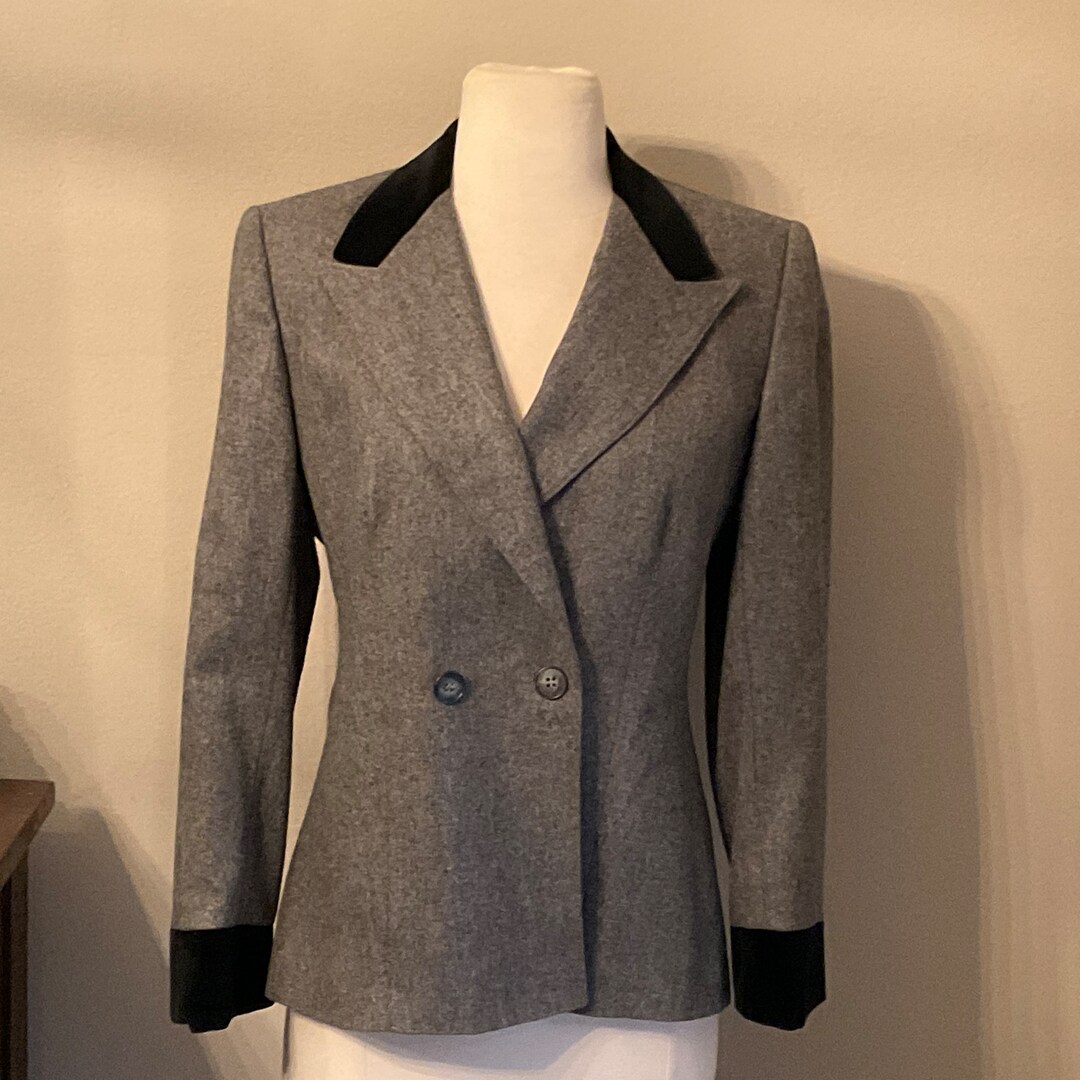 Riding Jacket Blazer / Gray Wool W Black Velvet Collar & Cuffs ...