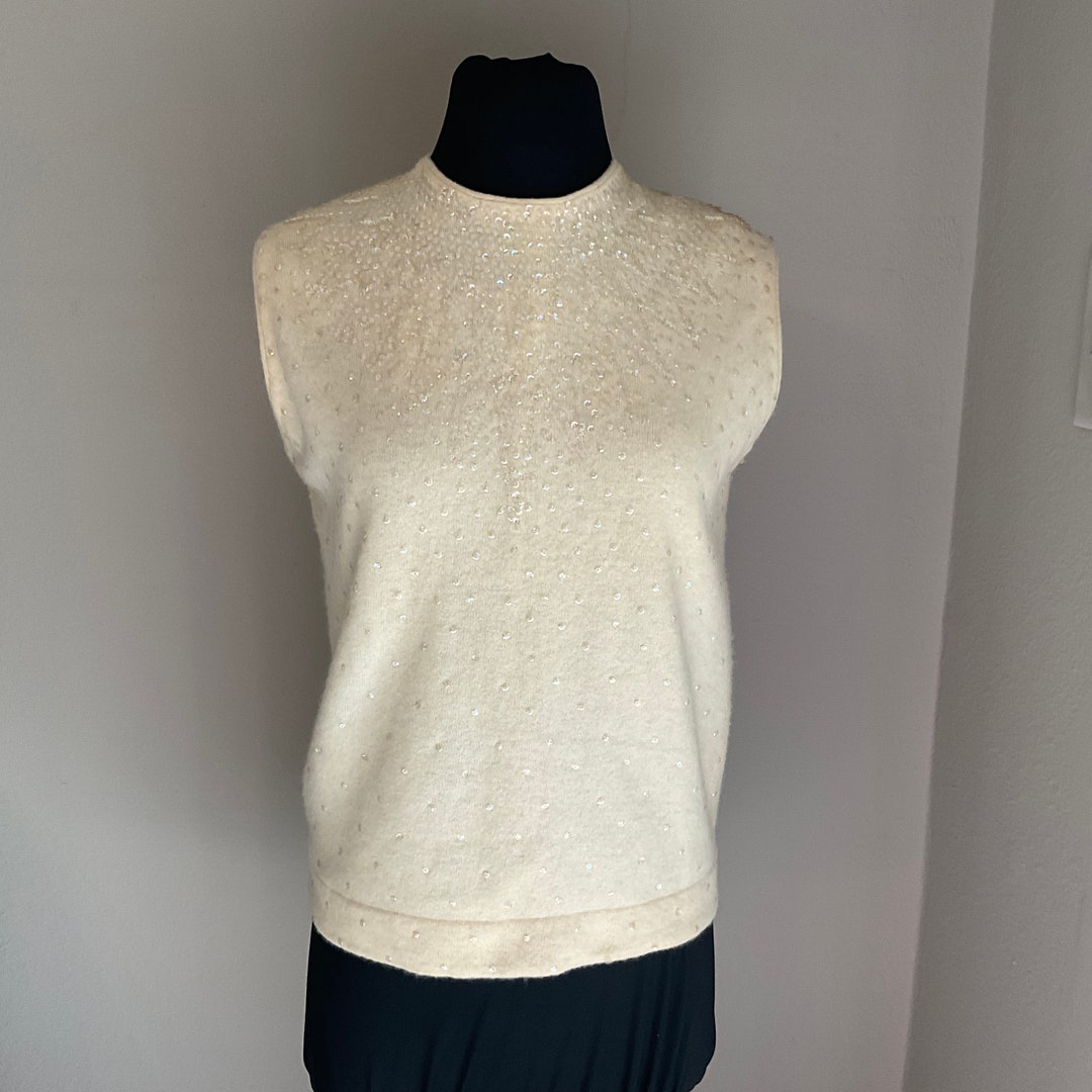 Vintage Sequin Angora Lambswool Shell Cream White Med Angora