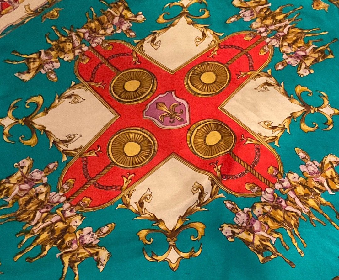 Vintage Silk Scarf / Fleur De Lis Horses Rope Scroll Tassel Print Scarf ...