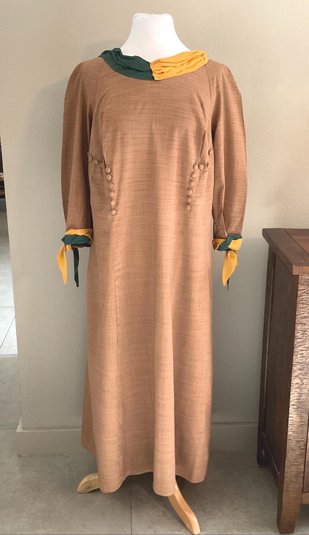 Vintage 1930s Day Dress Tan Grosgrain Approx. Size L 42 Chest ...