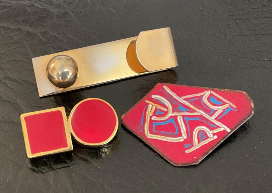 Three Vintage Modern Design Pins / Enamel Abstract Design Copper Pin ...