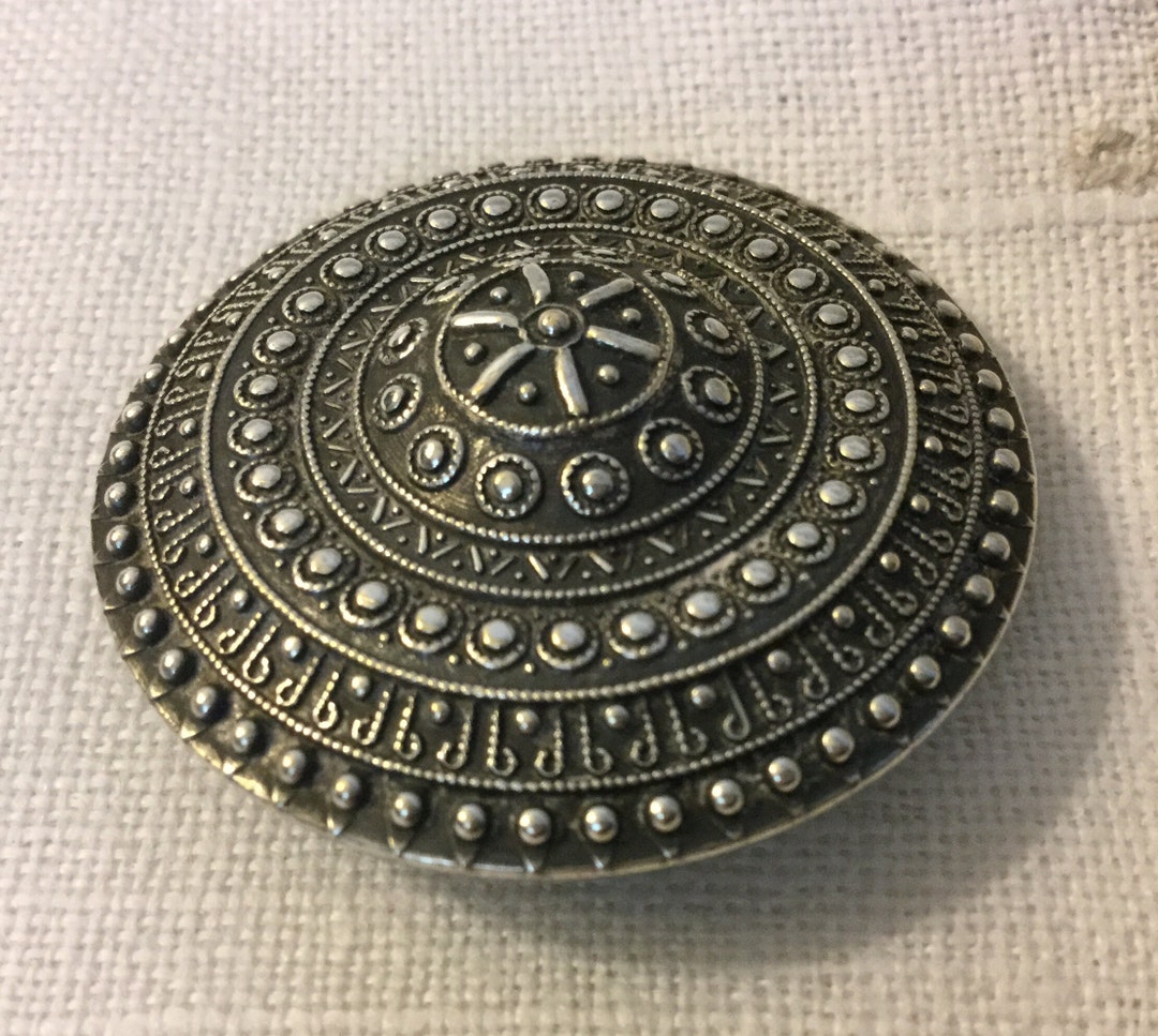 Silver Etruscan Brooch by Jeray / 1.5" Dia / Domed Repousse Brooch ...