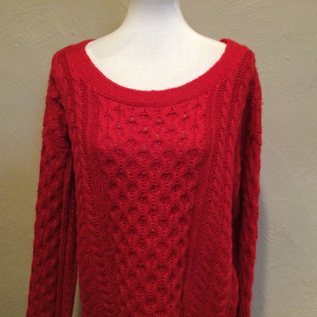 Red Cable Knit Sweater Sparkle Thread Accent Med / Red Sparkle Woven ...
