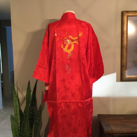Asian Red Satin Robe w Gold Thread Dragon NOS w Tag /… - Gem