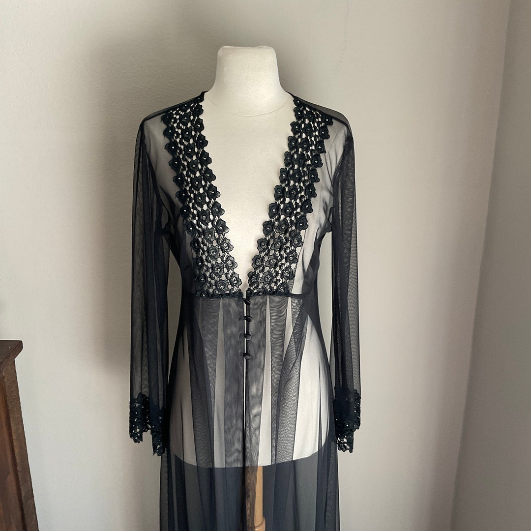 Black Lace Sheer Robe Loungewear Delicates / Med / Vintage Black Lace ...