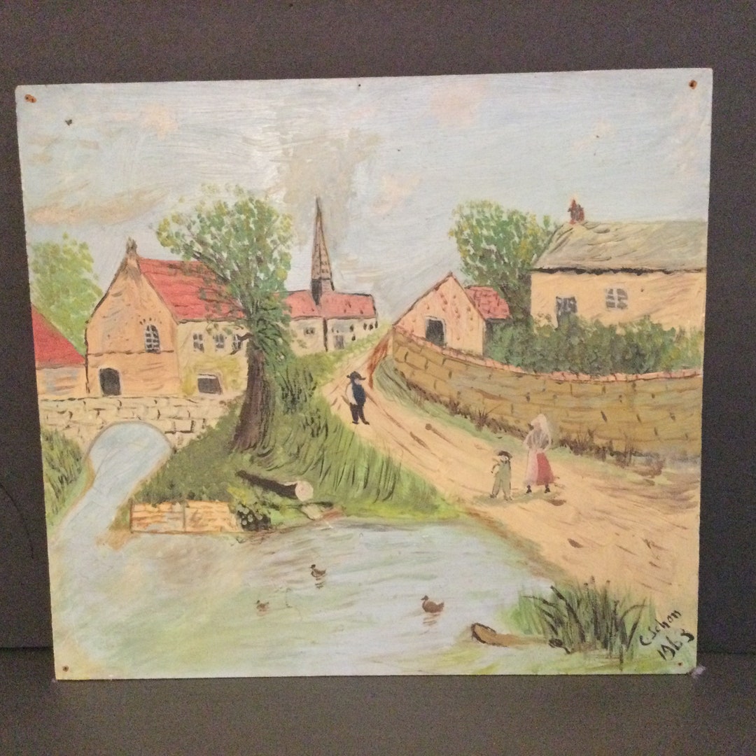 Primitive Painting European Village / Signed Painting on Board - Etsy