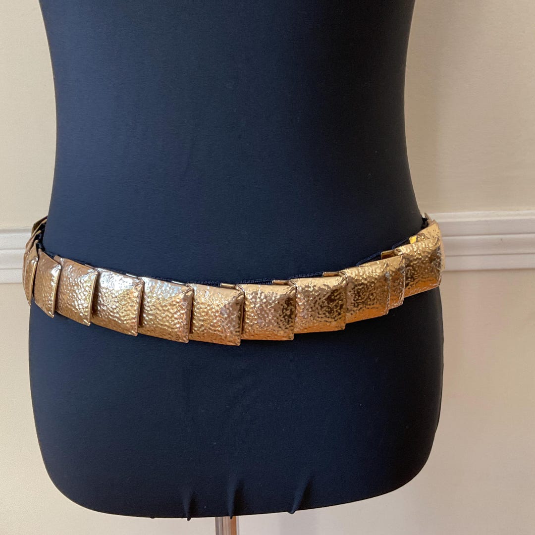 Gold Metal Squares Stretch Hip Belt Large Size 37 Unstretched Hip Hug Belt/ Forged Gold Squares ...