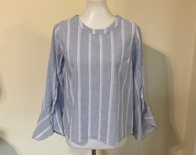 Blue White Pinstripe Blouse Ruffled Bell Sleeves S / Cotton Blue White ...