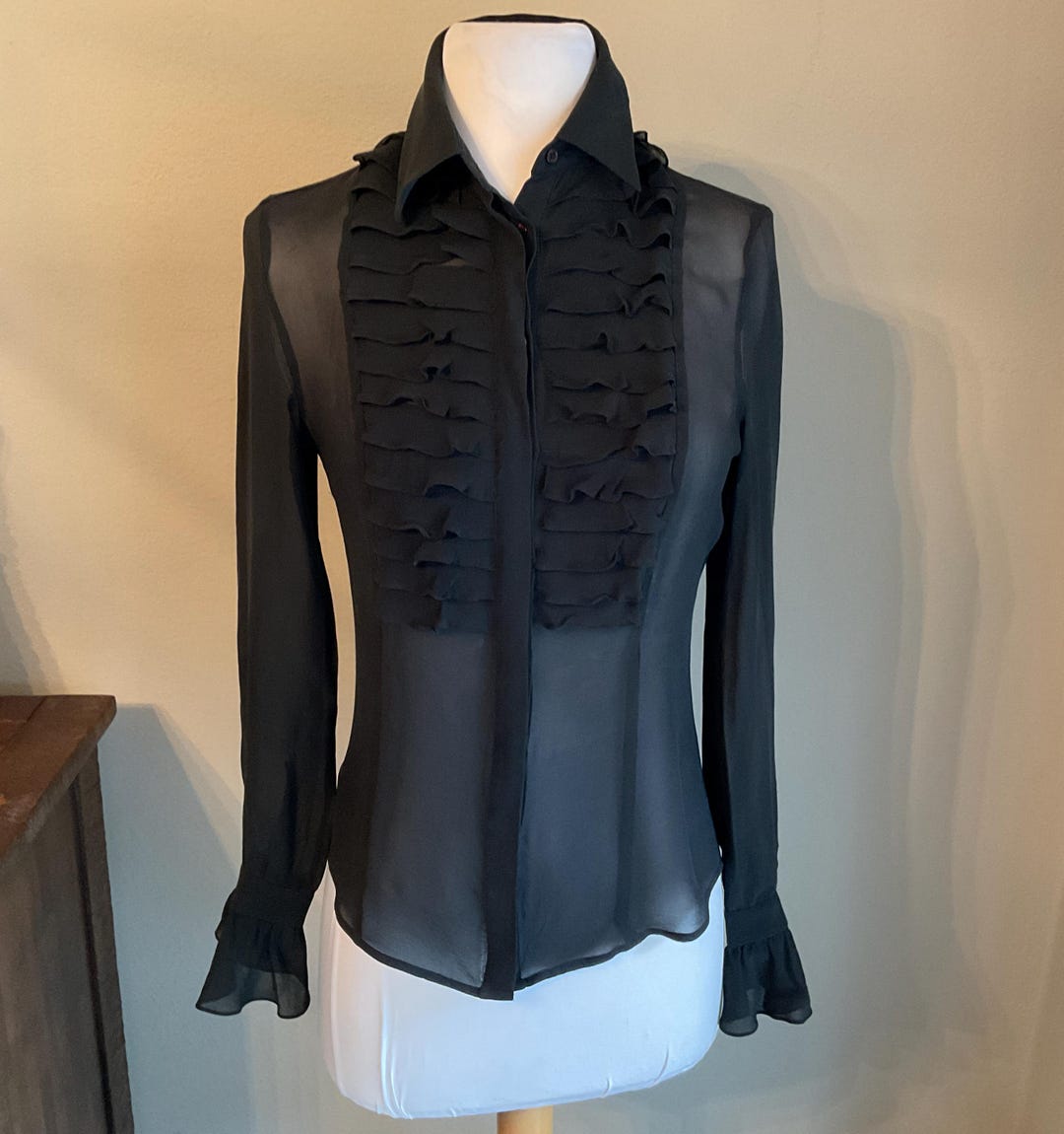 Black Silk Ruffled Blouse Express XS / Romantic Black Silk Ruffled Bib ...