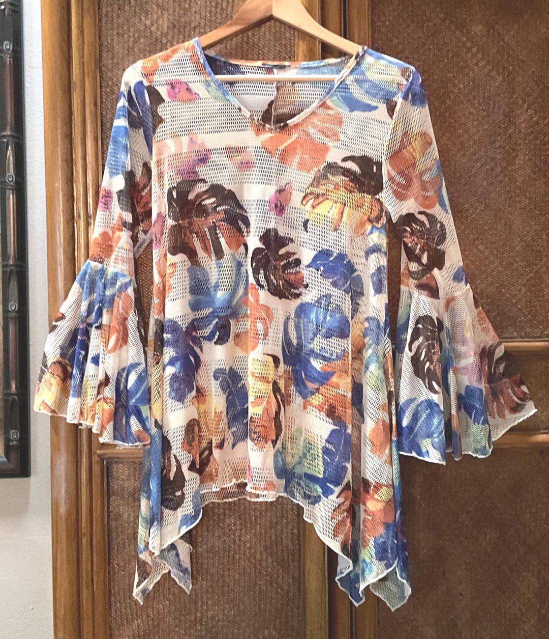 Boho Mesh Floral Tunic Flounce Sleeve Top S - M / Mesh Tunic Cover up ...