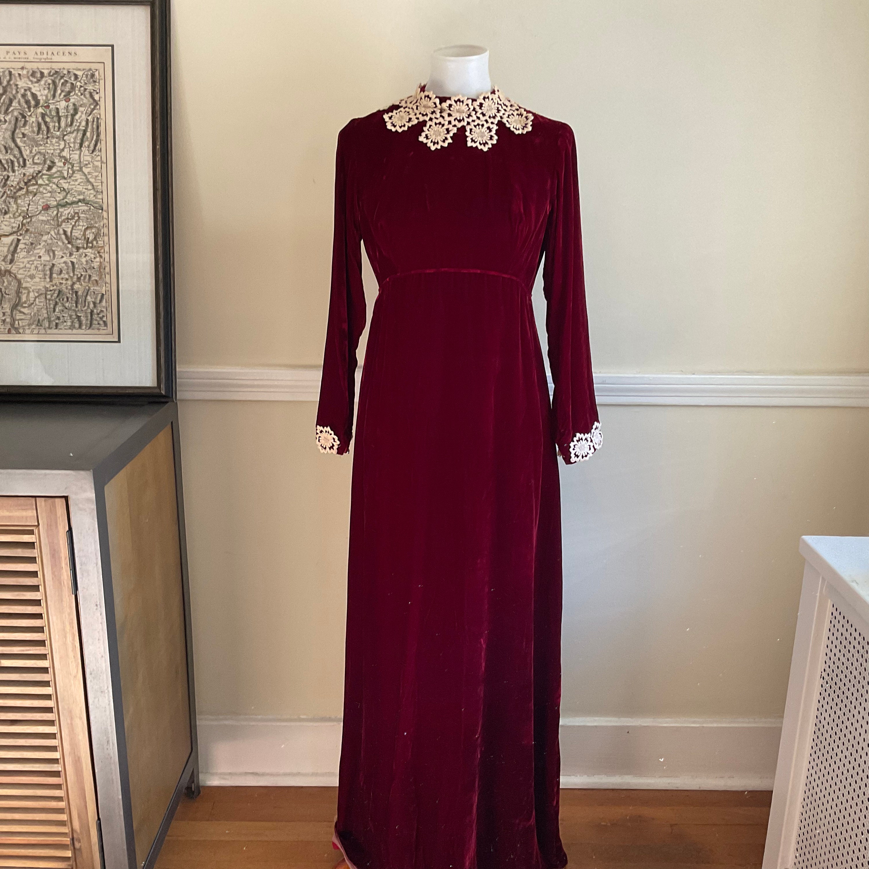 Vintage 60s 70s Burgundy Red Velvet Maxi Gown / Fancy Wine Red - Etsy