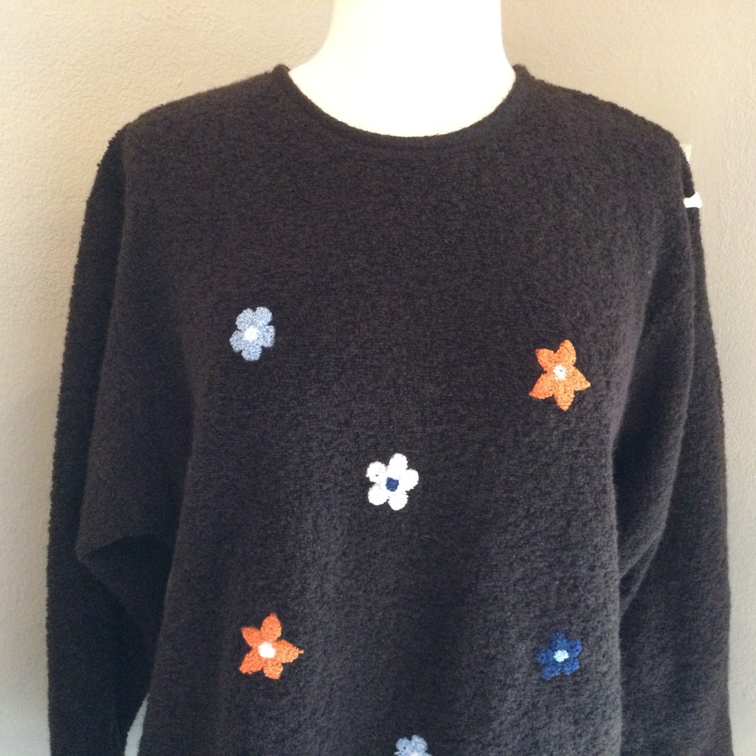 Wool Nubby Sweater Floral Embroidery Hummelsheim Med/ Boho Style Wool ...