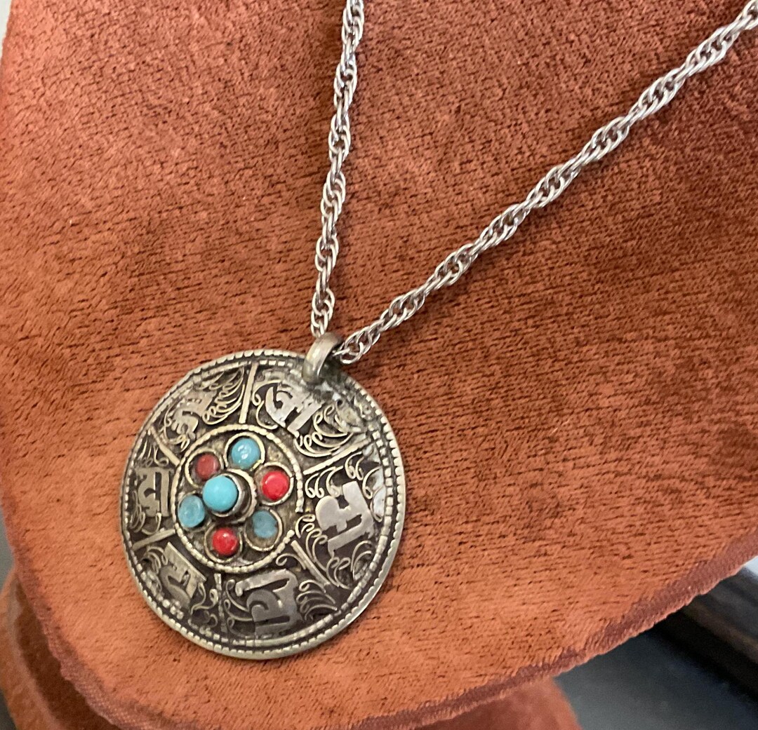 Boho Tibetan Silver Tone Pendant Necklace Turquoise Coral Red Color ...