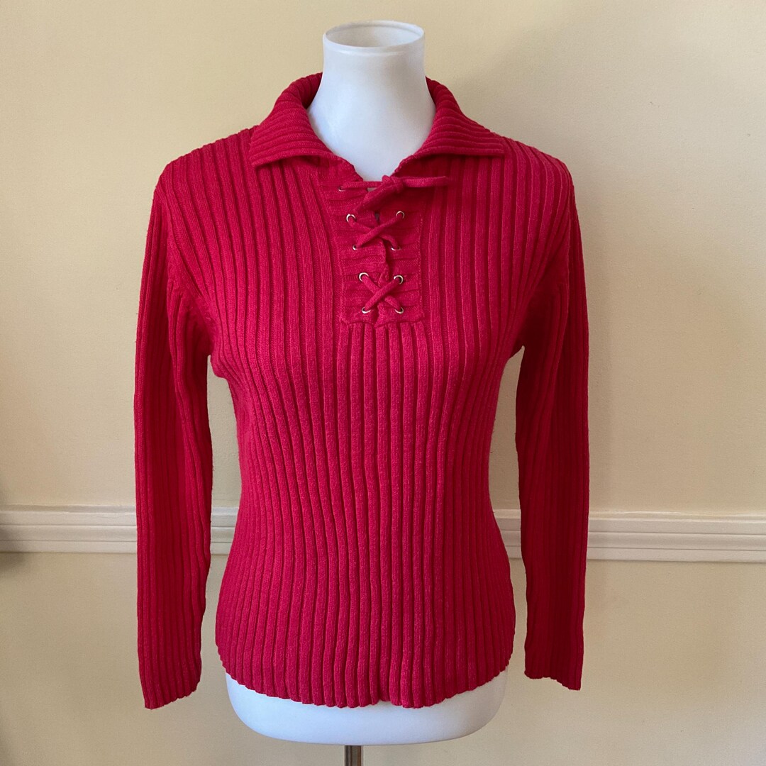 Vintage 70s KIKIT Red Ribbed Mod Knit Lace up Sweater / Red Ribbed Lace ...