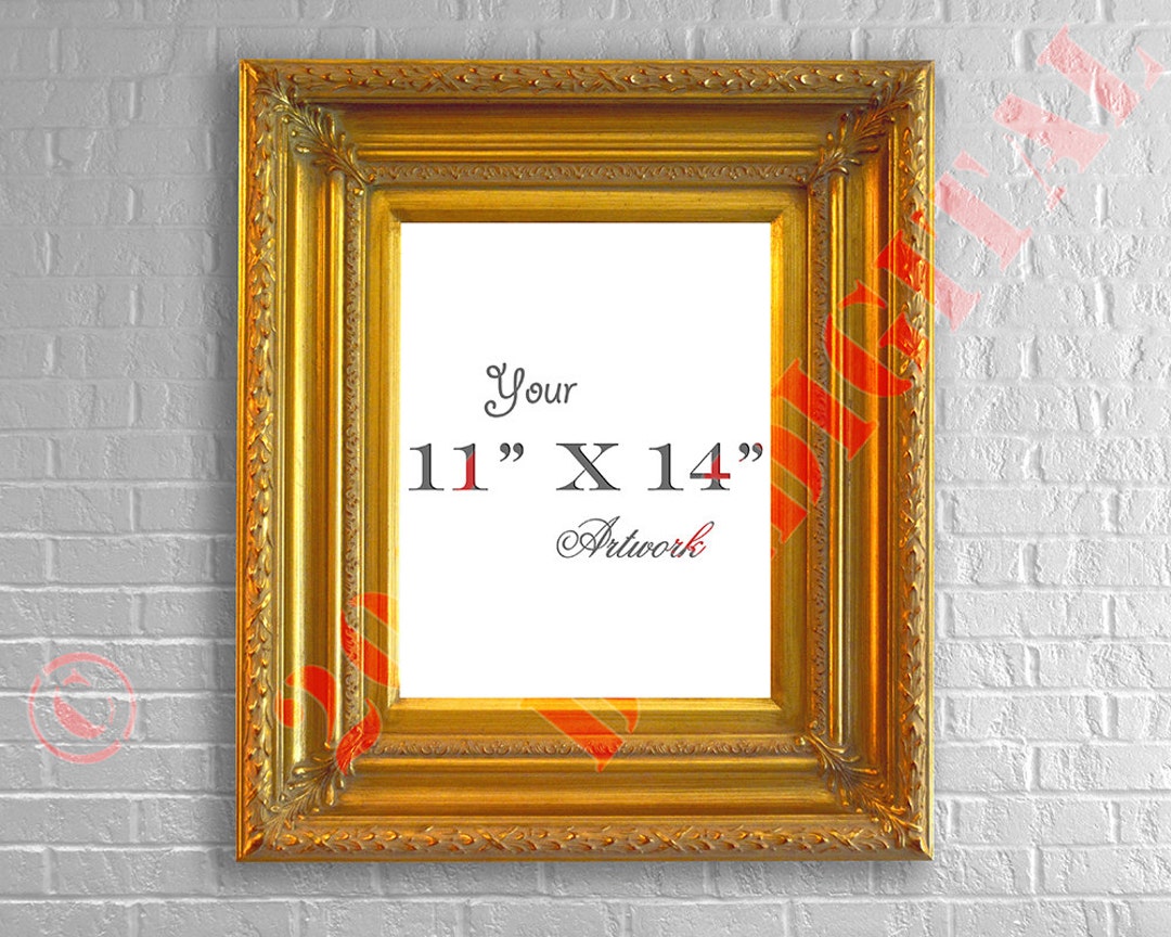 Ornate Gold Wood Frame Wall Art Mockup, 11x14, Vertical, White Brick ...