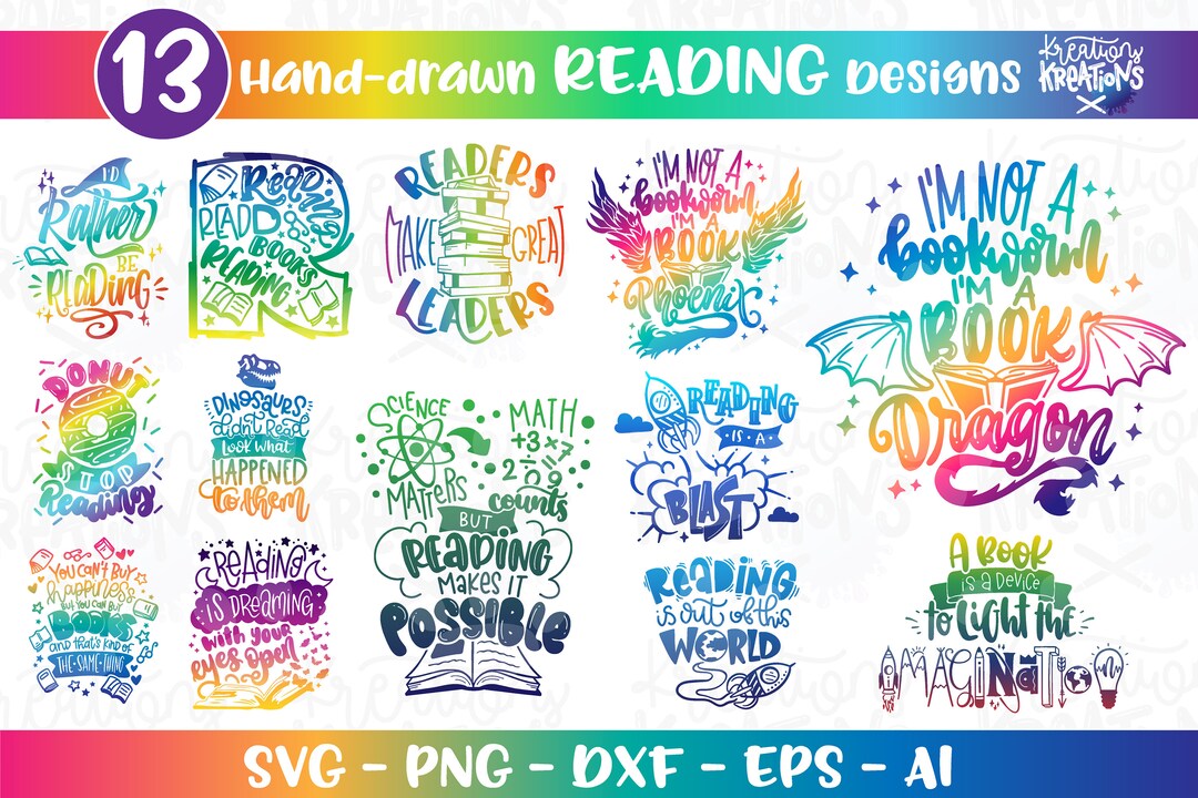 Reading Bundle SVG 13 Hand Drawn Designs Book Quotes Books Read Reading ...