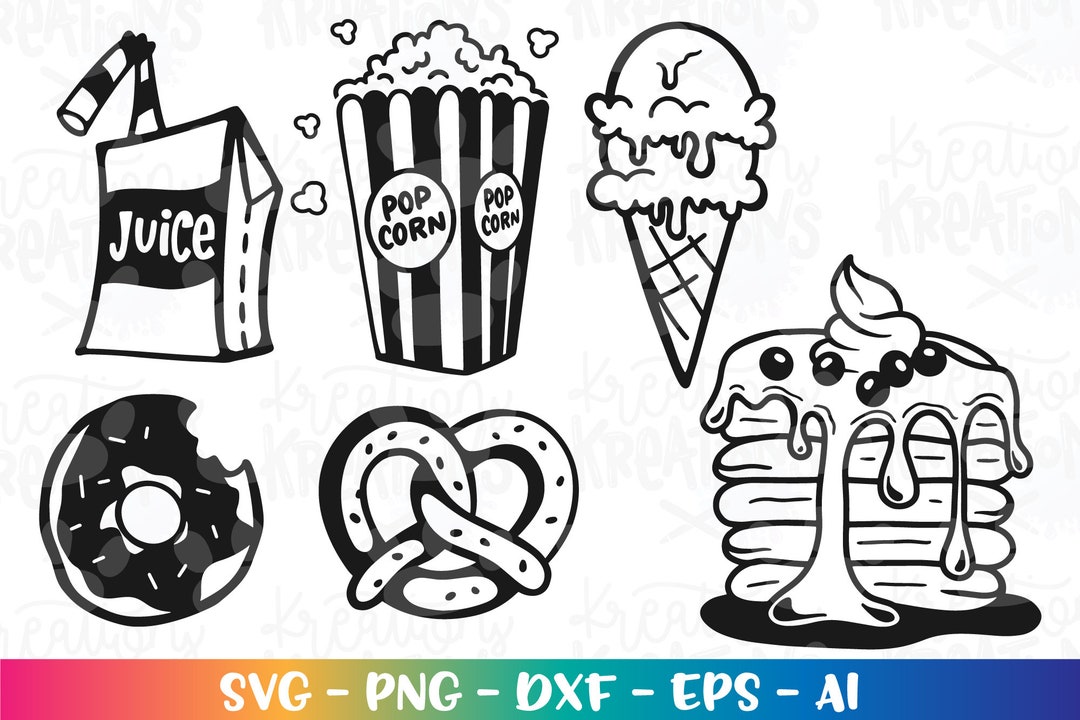 Snacks Clipart Bundle Svg Ice Cream Popcorn Pancake Pretzel Juice Box ...