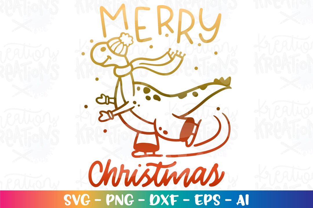 Merry Christmas SVG Ice Skating Cute Dinosaur Rawr Christmas Kids Iron ...