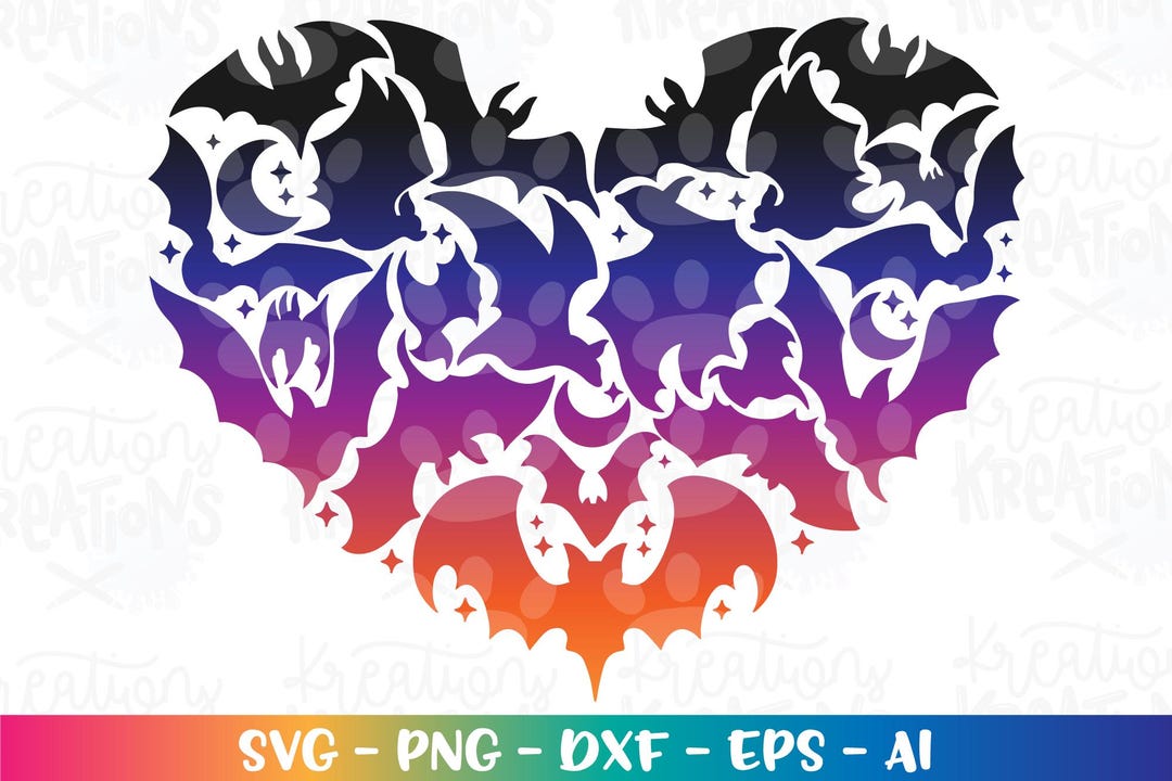 Bats Bat Heart Shape SVG Halloween Bats Clipart Print Iron on Color Cut ...